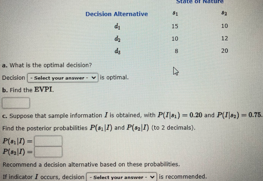 Solved in the following profit payoff table for a decision | Chegg.com