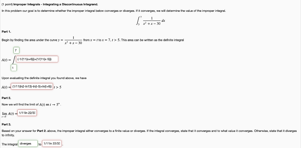 Solved (1 point) Improper Integrals - Integrating a | Chegg.com
