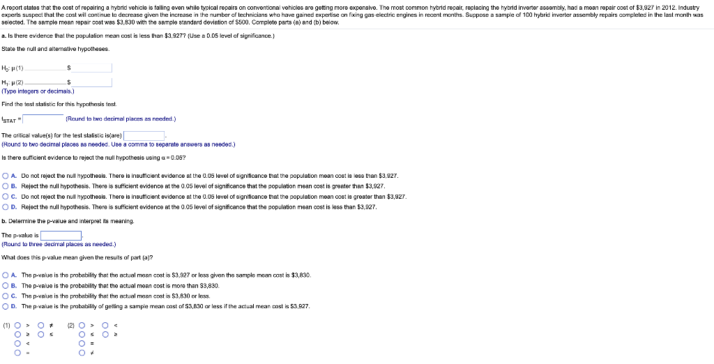 Solved selected. The sample mean repair cost was $3,830 with | Chegg.com