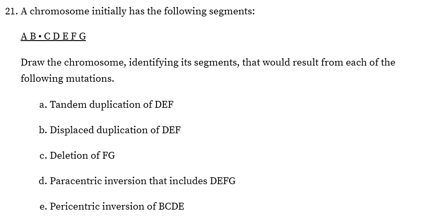 Solved 21. A chromosome initially has the following | Chegg.com