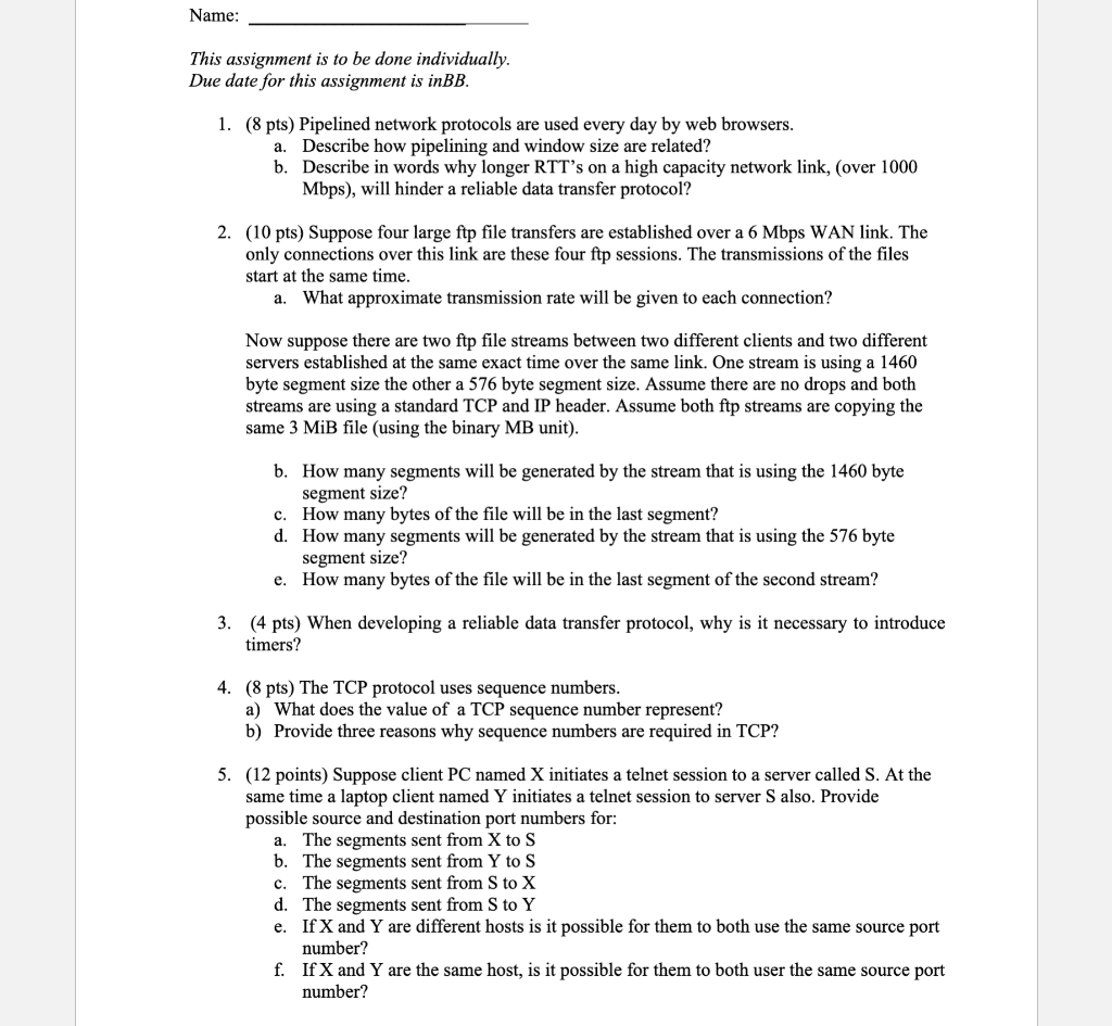 Solved Name: This assignment is to be done individually. Due | Chegg.com