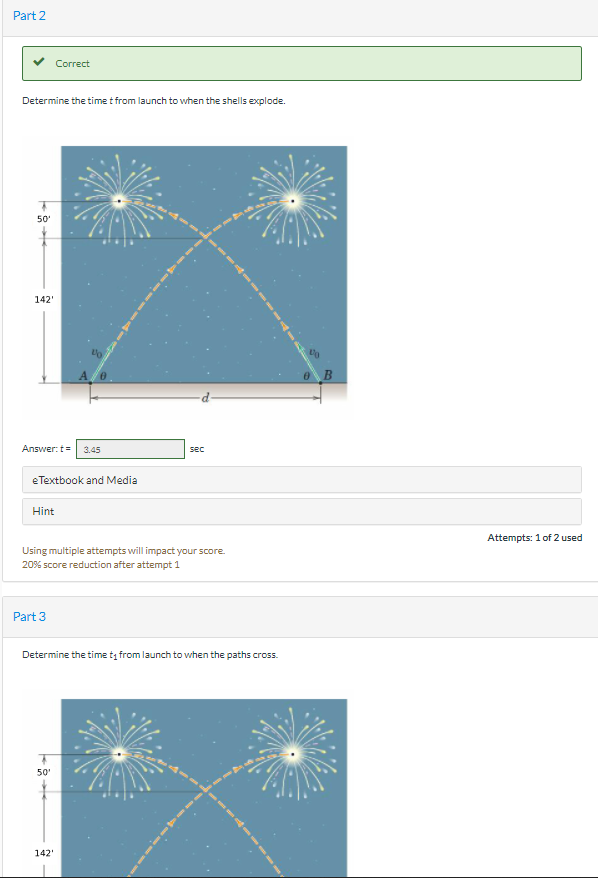 Solved A fireworks show is choreographed to have two shells | Chegg.com