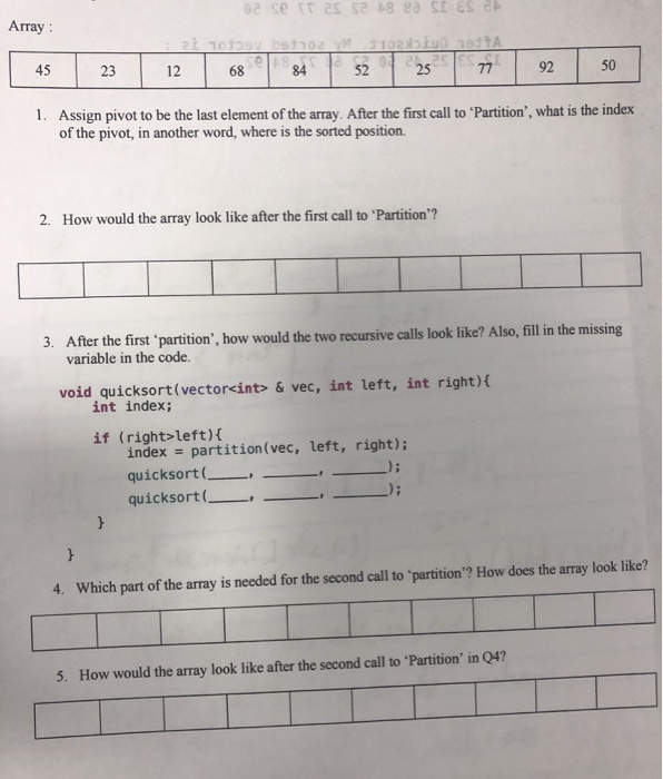 Solved Array: 45 23 12 68822s7792 50 1. Assign pivot to be | Chegg.com