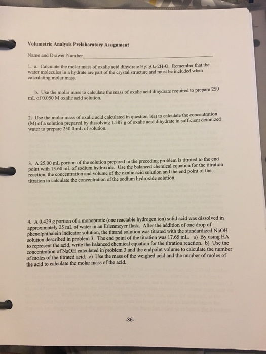 Solved Volumetric Analysis Prelaboratory Assignment Name and | Chegg.com