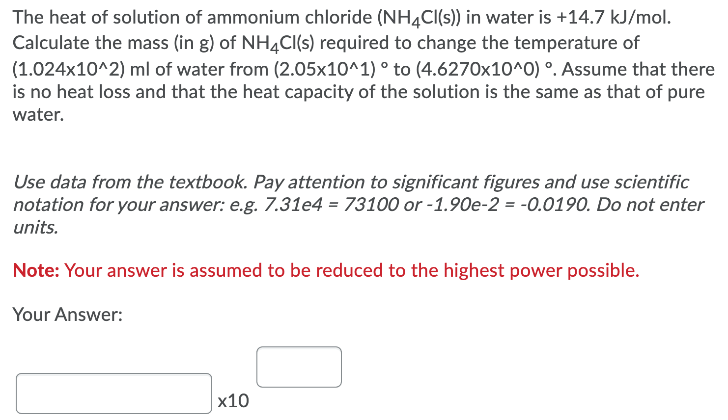 Solved The heat of solution of ammonium chloride (NH4Cl(s)) | Chegg.com
