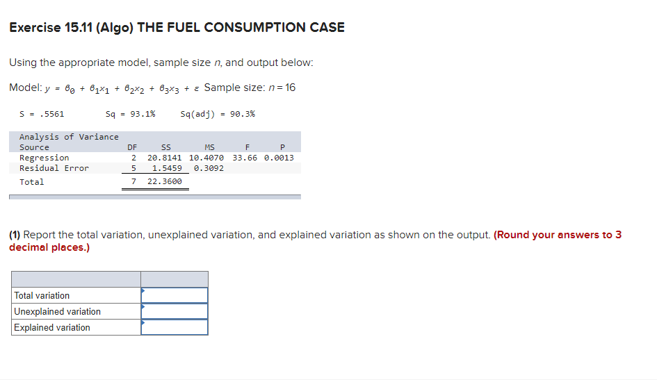 Solved Exercise 15.11 (Algo) THE FUEL CONSUMPTION CASE Using | Chegg.com