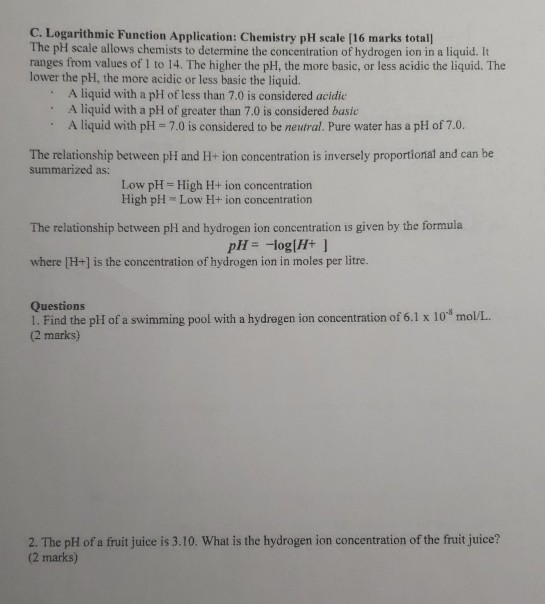 Solved C. Logarithmic Function Application: Chemistry pH | Chegg.com