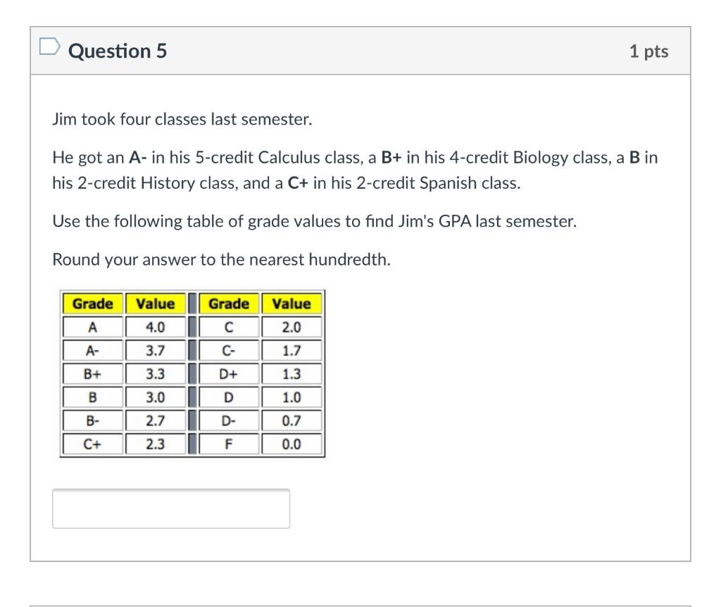 Solved Question 5 1 pts Jim took four classes last semester. | Chegg.com