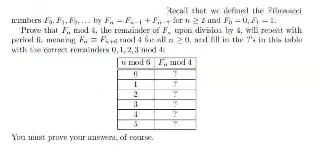 Solved Recall that we defined the Fibonacci numbers Fo, F1, | Chegg.com