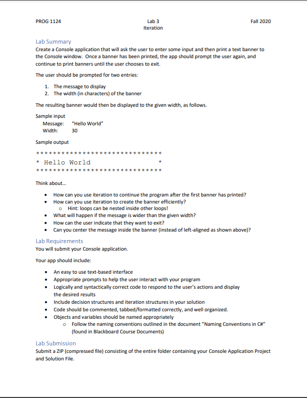 Solved Prog 1124 Fall 2020 Lab 3 Iteration Lab Summary 