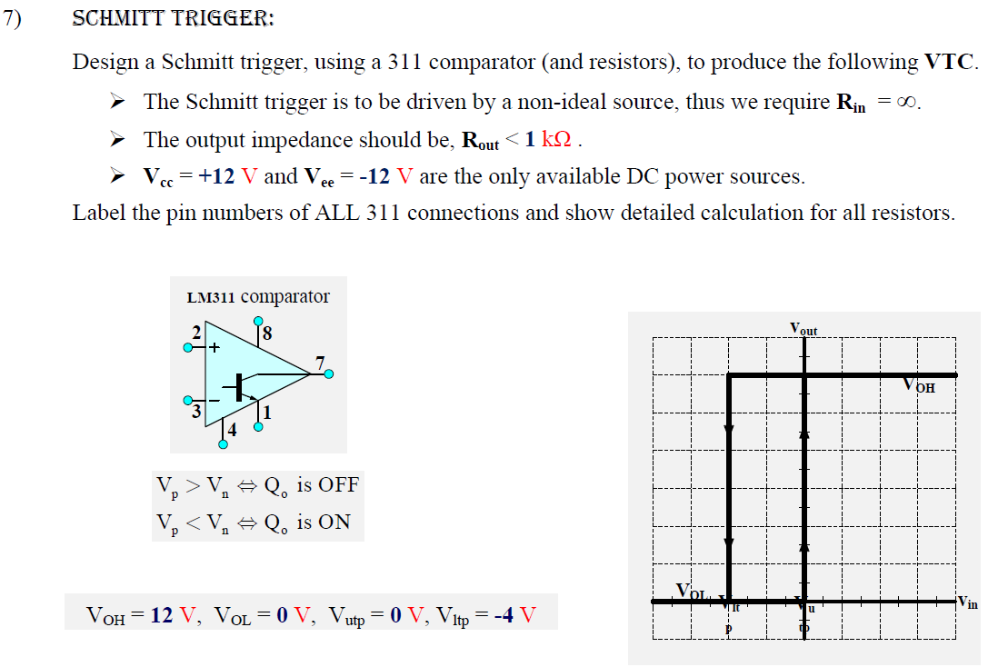 Solved 7) SCHMITT TRIGGER: Design a Schmitt trigger, using a | Chegg.com