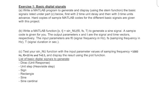 Exercise 1: Basic digital signals (a) Write a MATLAB | Chegg.com