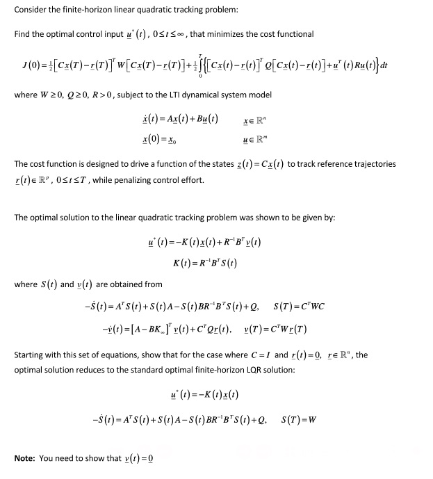 Consider the finite-horizon linear quadratic tracking | Chegg.com