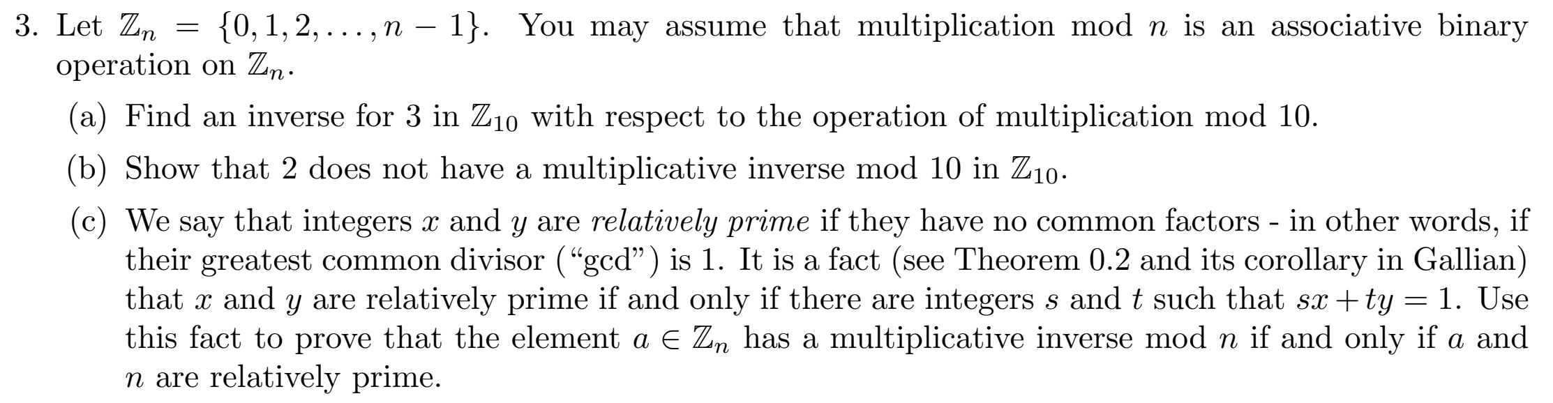 Solved 3. Let Zn={0,1,2,…,n−1}. You may assume that | Chegg.com