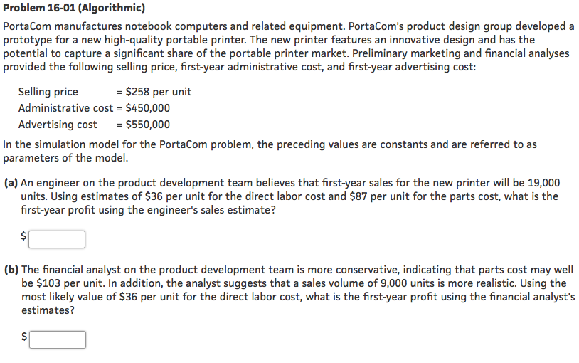 Solved Problem 16-01 (Algorithmic) PortaCom manufactures | Chegg.com