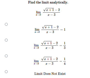 Solved Find the limit analytically. limx→3x−3x+1−2 | Chegg.com
