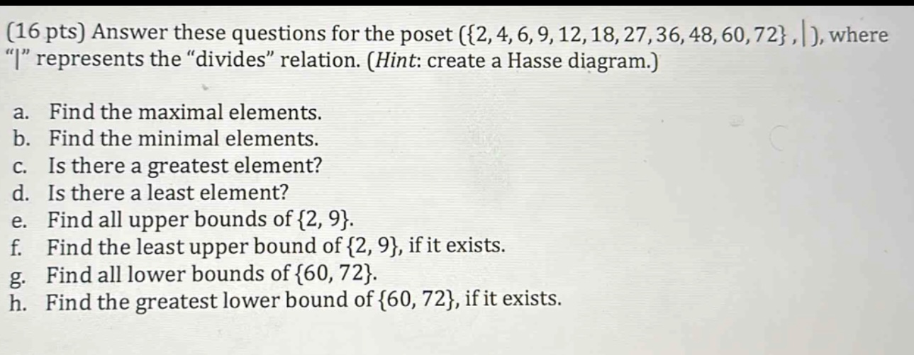 Solved (16 pts) Answer these questions for the poset \\( | Chegg.com