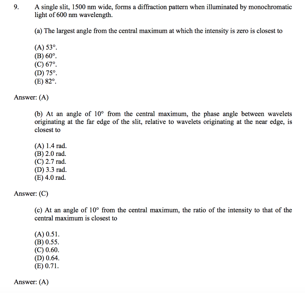 Solved 9. A single slit, 1500 nm wide, forms a diffraction | Chegg.com