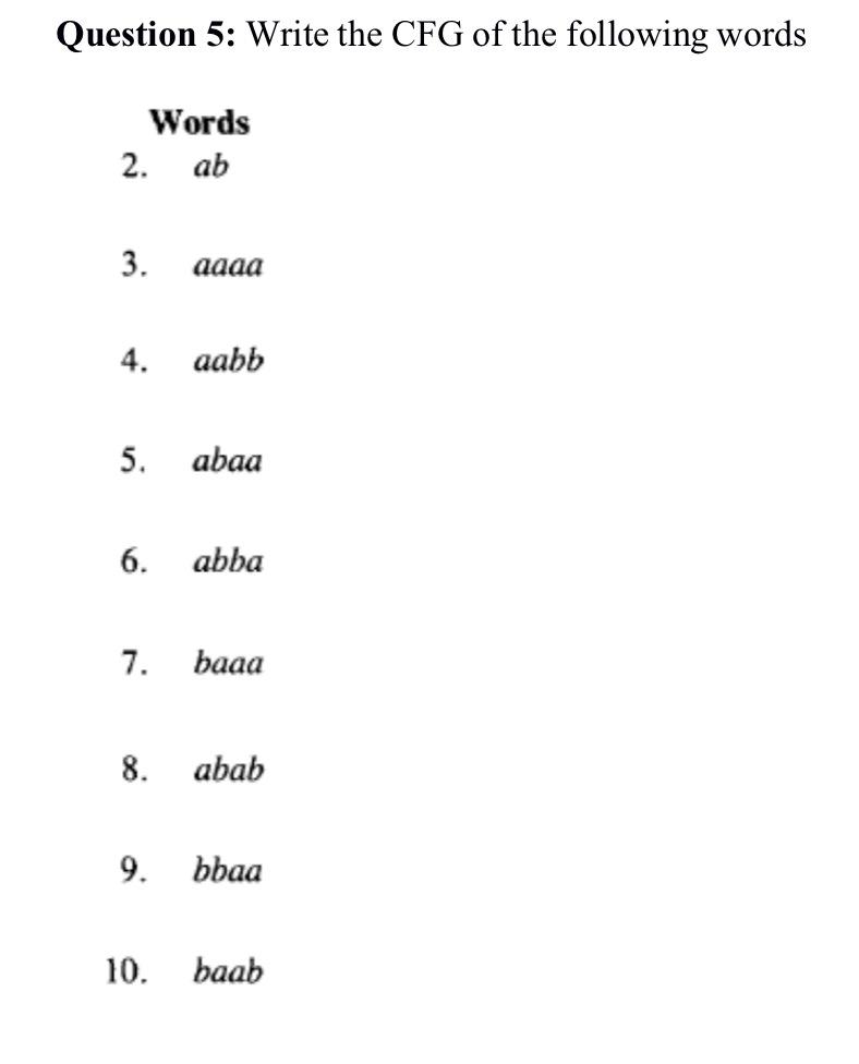 Solved Question 5: Write the CFG of the following words | Chegg.com