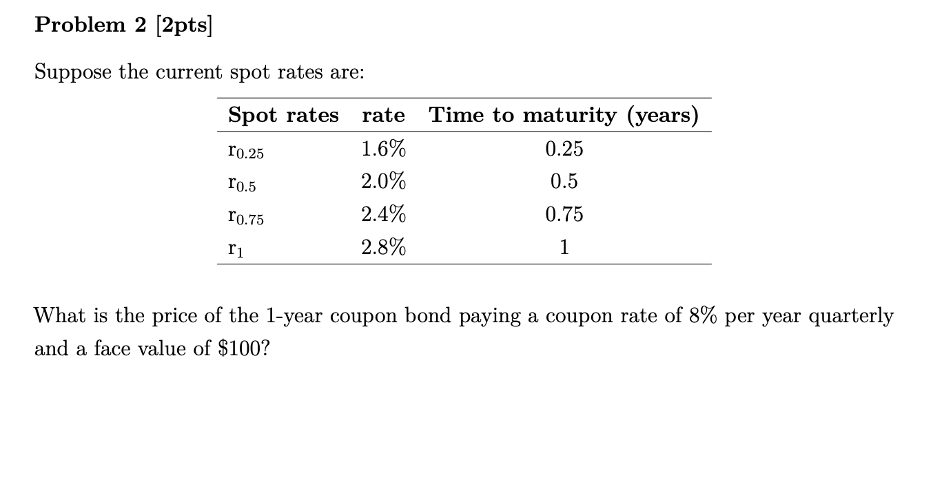 Solved Problem 2 [2pts] Suppose the current spot rates are: | Chegg.com