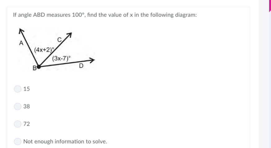 Solved If angle ABD measures 100°, find the value of x in | Chegg.com
