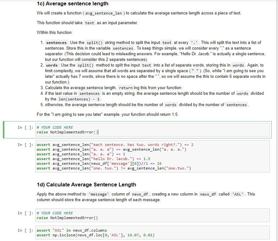 Solved 1c) Average sentence length We will create a function | Chegg.com