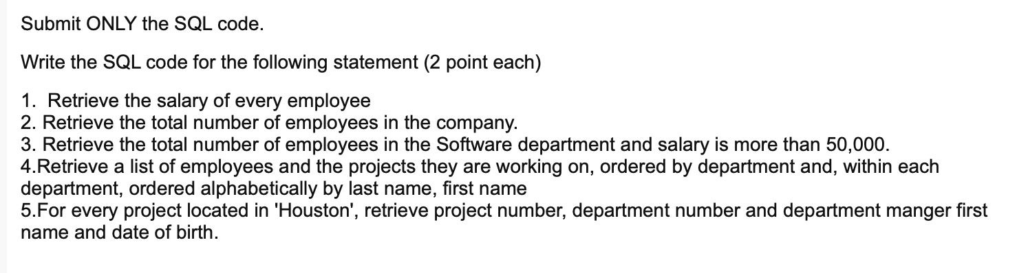 Solved Submit ONLY the SQL code. Write the SQL code for the | Chegg.com