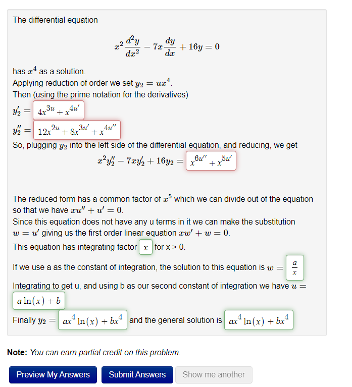 Solved The differential equation x2dx2d2y−7xdxdy+16y=0 has | Chegg.com