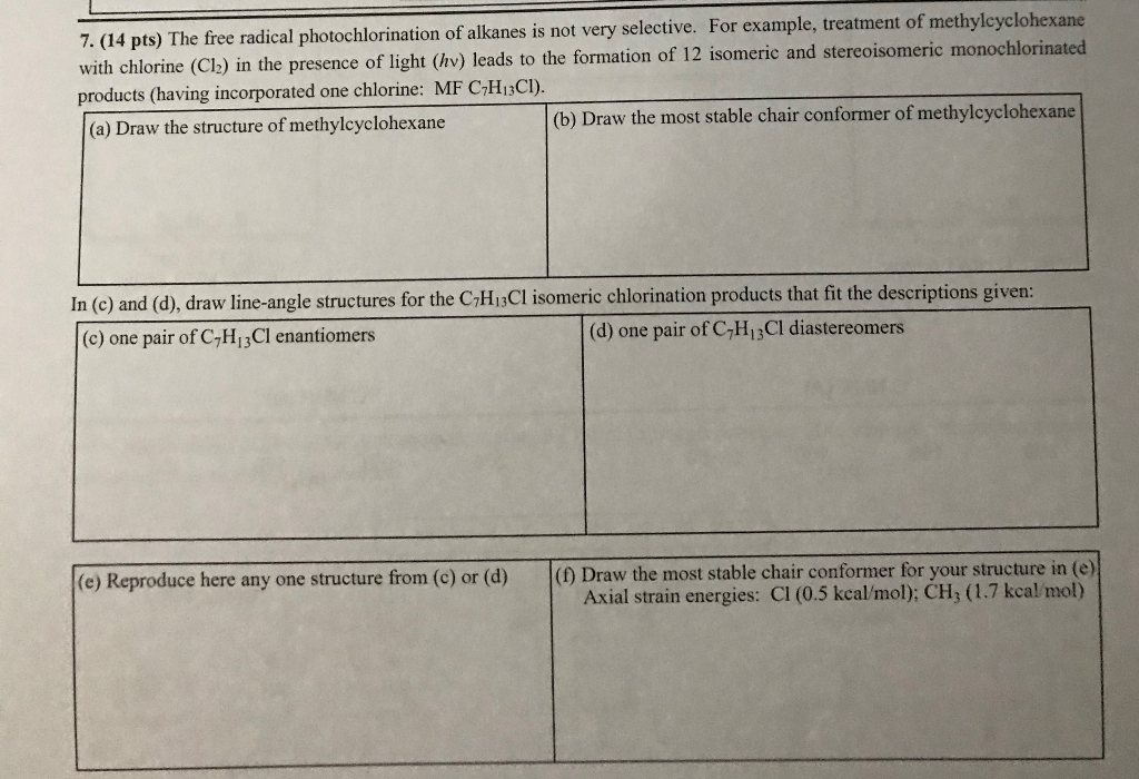 Solved 7. (14 pts) The free radical photochlorination of | Chegg.com
