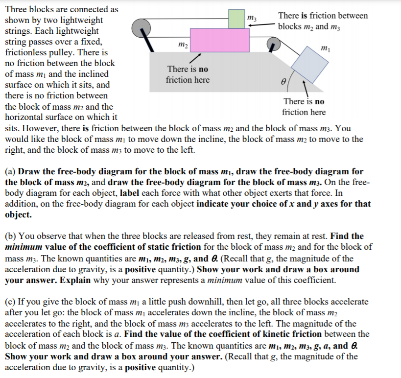 Solved m3 Three blocks are connected as shown by two | Chegg.com