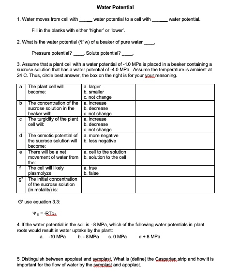 Solved Water Potential 1. Water moves from cell with water | Chegg.com