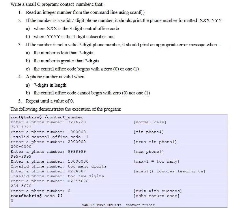 Solved Write A Small C Program Contactnumberc That 1 