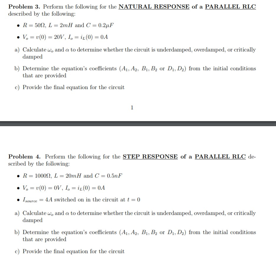 Solved Problem 1. For each of the PARALLEL RLC circuits | Chegg.com