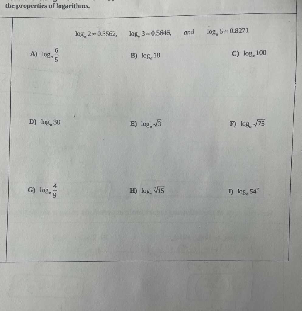 Solved loga2≈0.3562,loga3≈0.5646, and loga5≈0.8271 A) loga56 | Chegg.com