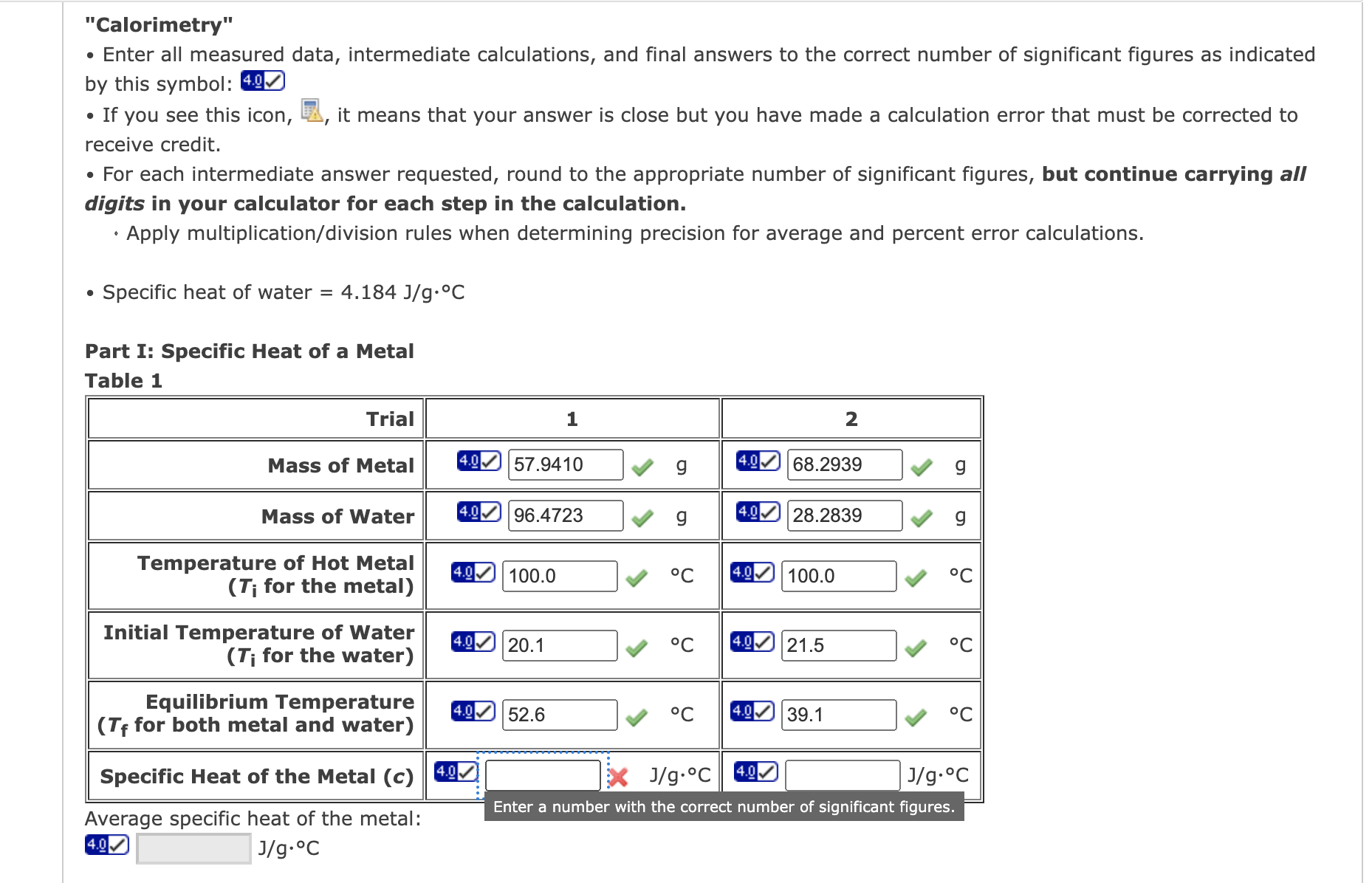 Solved "Calorimetry" - Enter all measured data, intermediate | Chegg.com
