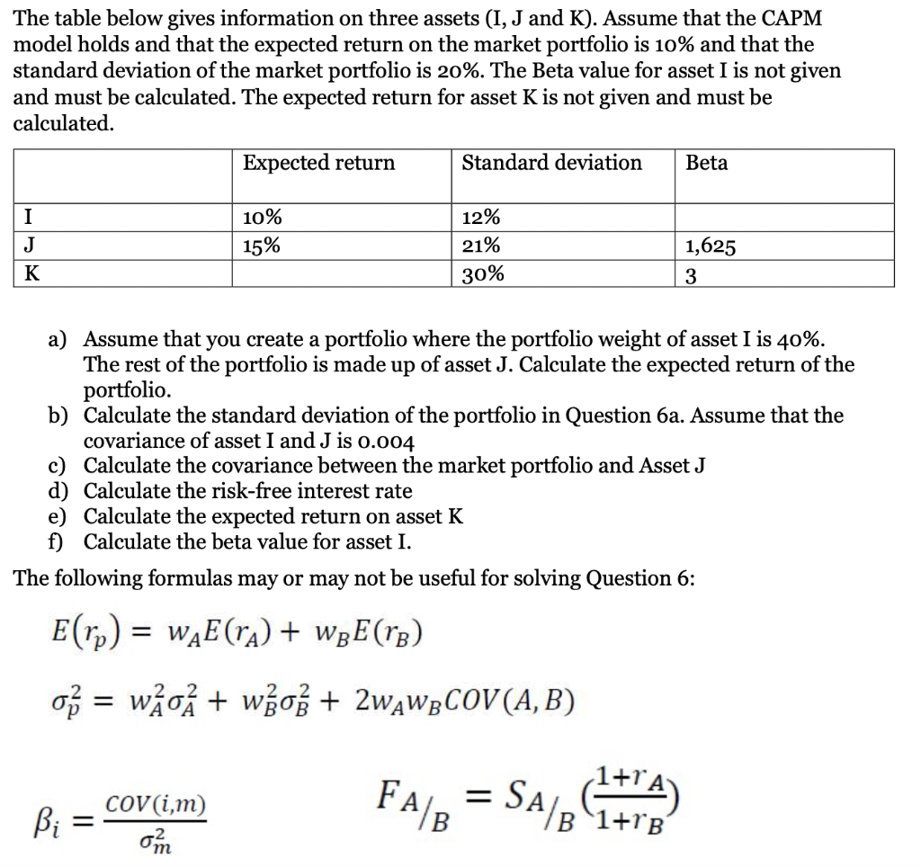 Solved The table below gives information on three assets (I, | Chegg.com