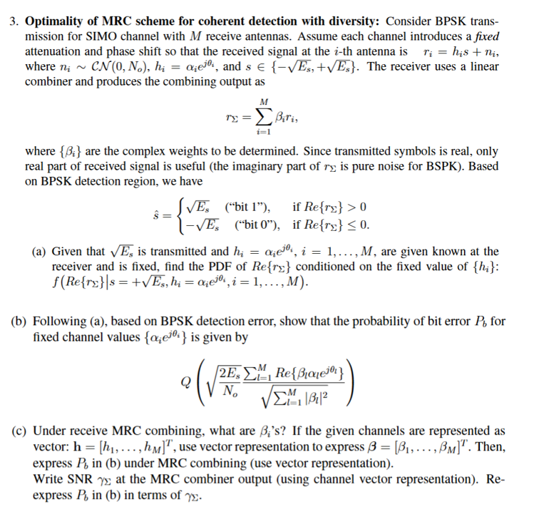 Solved Optimality of MRC ﻿scheme for coherent detection with | Chegg.com