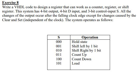 Solved Exercise 8 Write a VHDL code to design a register | Chegg.com