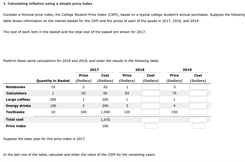 Solved 1. Calculating inflation using a simple price index | Chegg.com