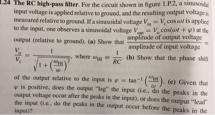 Solved 1.24 The RC high-pass filter. For the circuit shown | Chegg.com