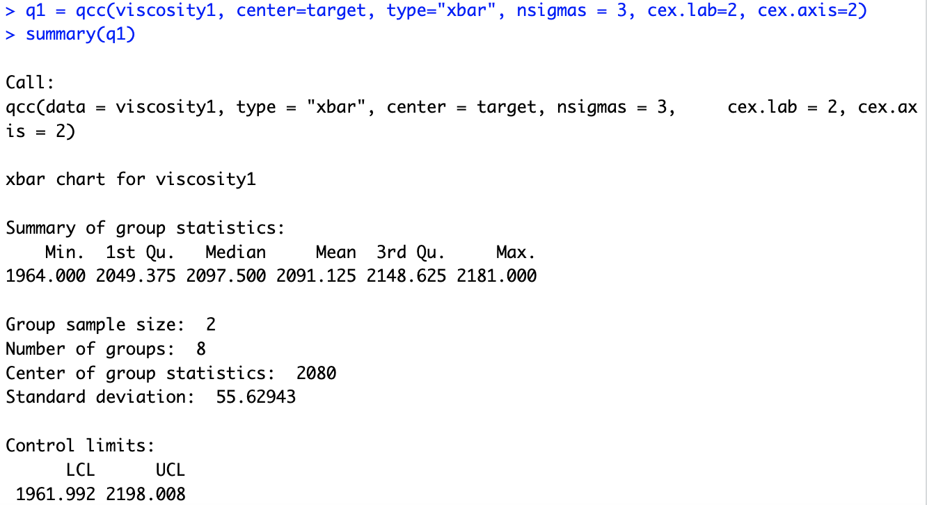 >q1=qcc(viscosity1, center=target, type="xbar", | Chegg.com