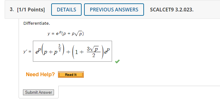 Solved Differentiate. y=ep(p+pp)y′=ep(p+p23)+(1+23p)ep | Chegg.com