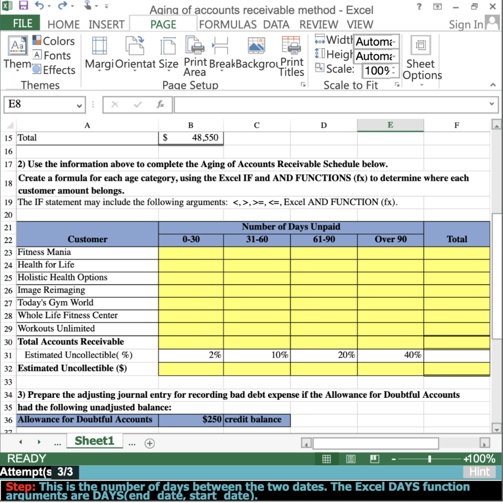 Solved ? Х 1 XD Aging of accounts receivable method - Excel | Chegg.com