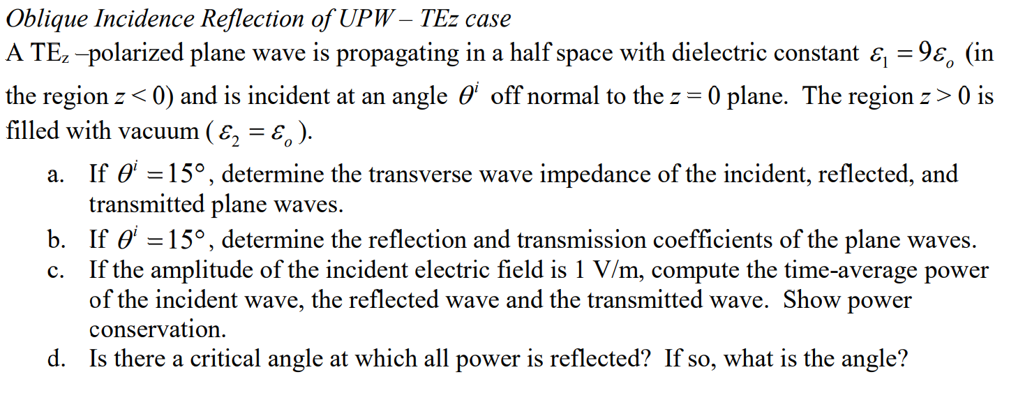 Solved Oblique Incidence Reflection of ﻿UPW - ﻿TEz | Chegg.com