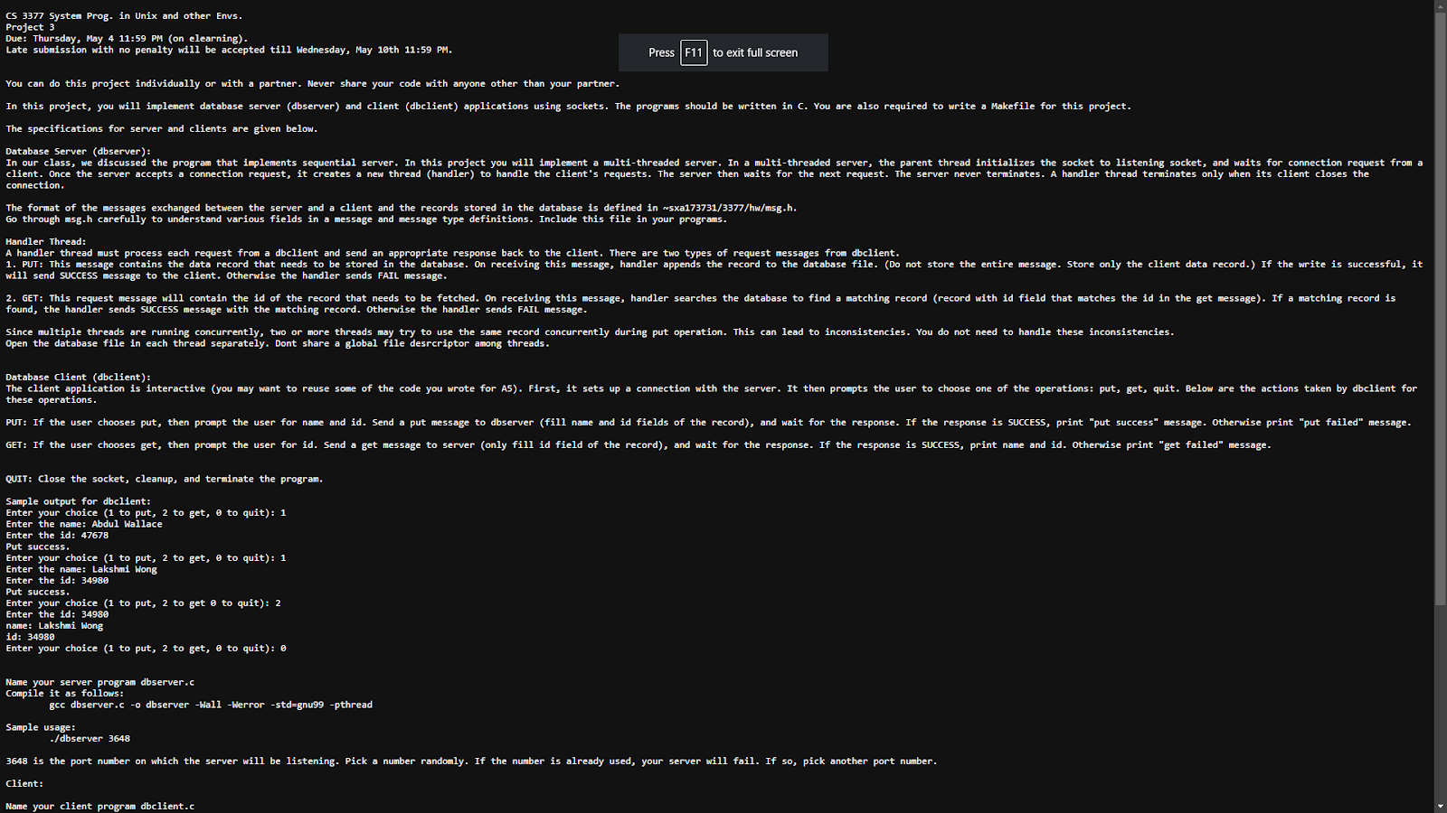 Solved Implement database server (dbserver) and client | Chegg.com
