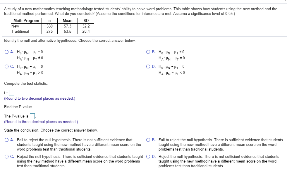 Solved A study of a new mathematics teaching methodology | Chegg.com