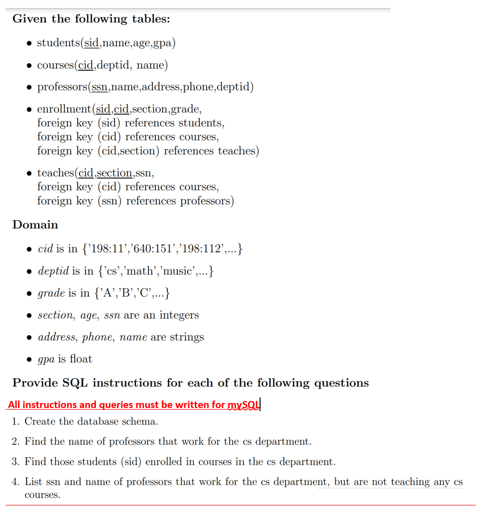 Given the following tables: • students(sid, name, | Chegg.com