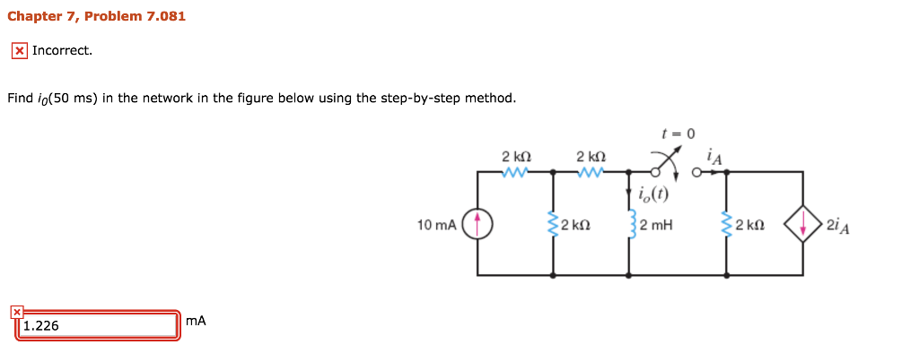 Solved Chapter 7, Problem 7.081 xIncorrect. Find io(50 ms) | Chegg.com