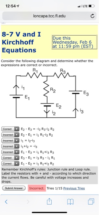 Solved 12:54 LTE. loncapa.tcc.fl.edu 8-7 V and I Kirchhoff | Chegg.com