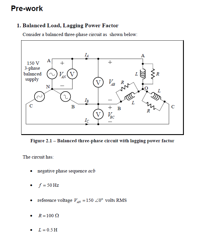 Solved Pre-work 1. Balanced Load, Lagging Power Factor | Chegg.com